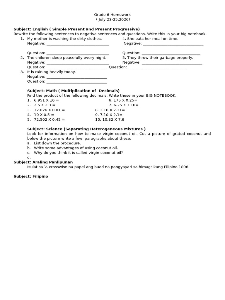 Grade 6 Homework | PDF