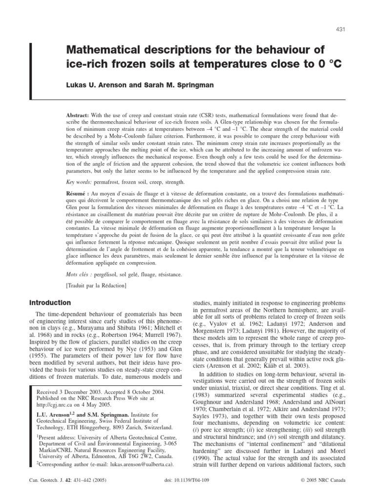 Springman Arenson 2011 Mathematical Descriptions For The Behaviour of ...