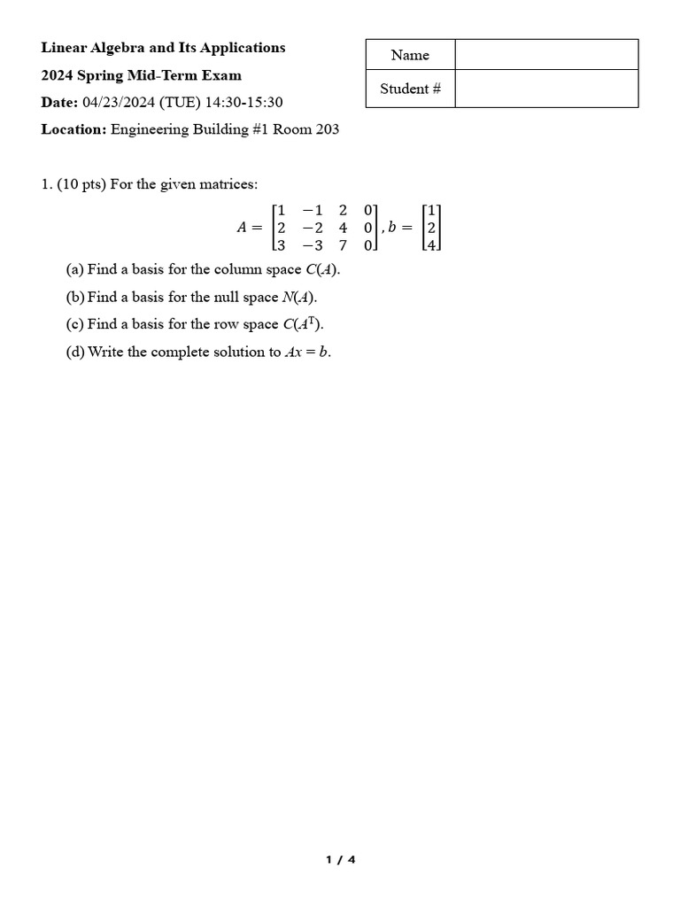 2024-1 Linear Algebra Midterm | PDF