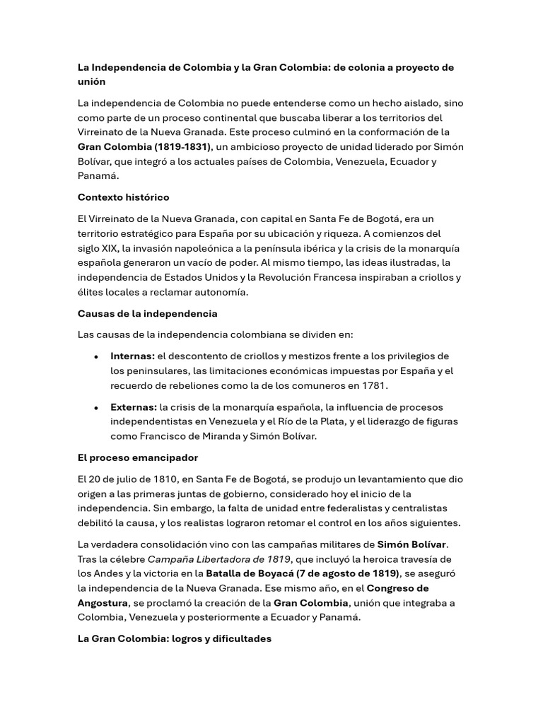 La Independencia de Colombia y La Gran Colombia | PDF | Colombia ...