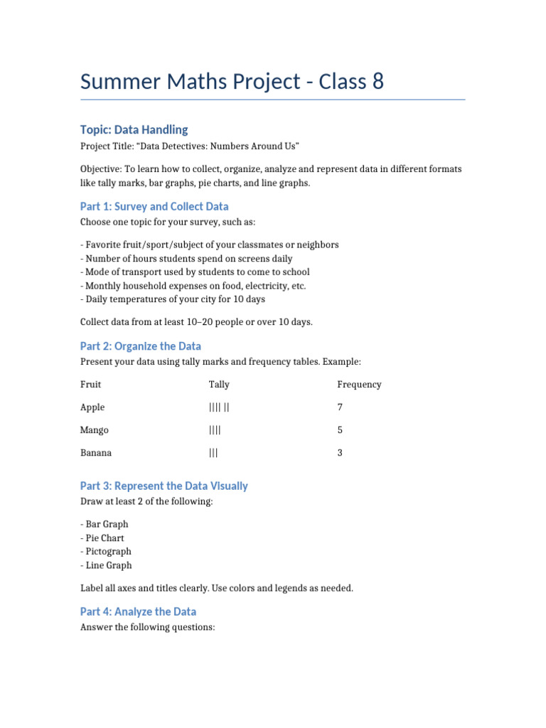 Summer Maths Project Class8 Data Handling | PDF