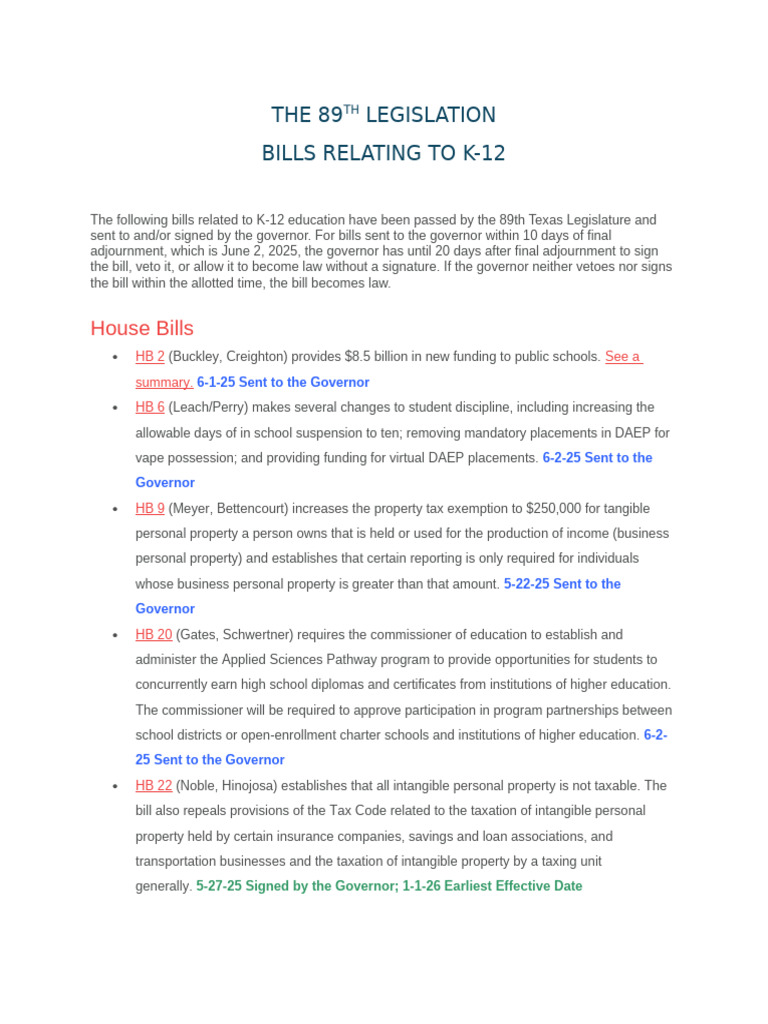 K-12 Education Bills from 89th Texas Legislature | PDF | Employment | Taxes