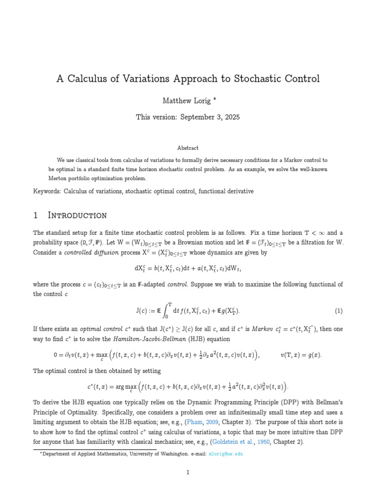A Calculus of Variations Approach To Stochastic Control | PDF | Stochastic Process | Calculus
