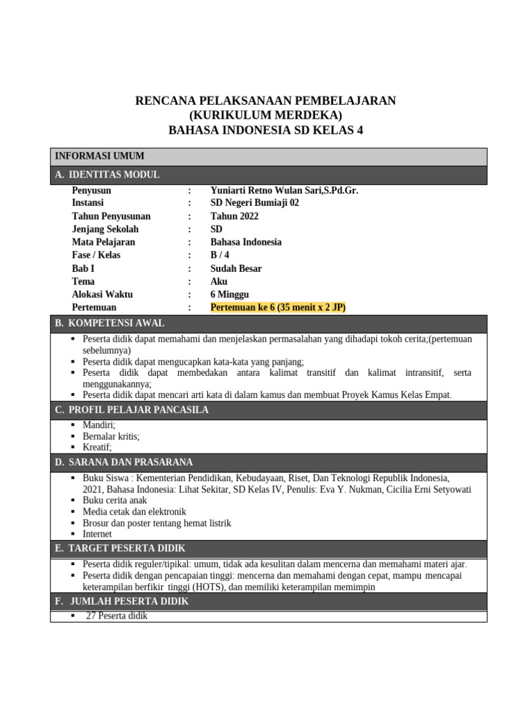 RPP Bahasa Indonesia SD Kelas 4 Tema Aku | PDF