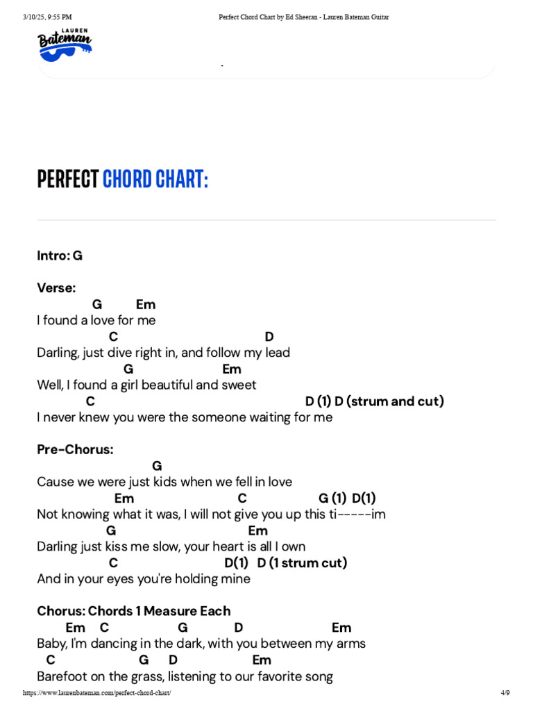 Perfect Chord Chart by Ed Sheeran - Lauren Bateman Guitar | PDF | Song Structure | Pop Songs