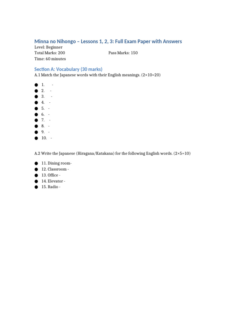 Minna No Nihongo L1 L2 L3 Exam With Answers | PDF