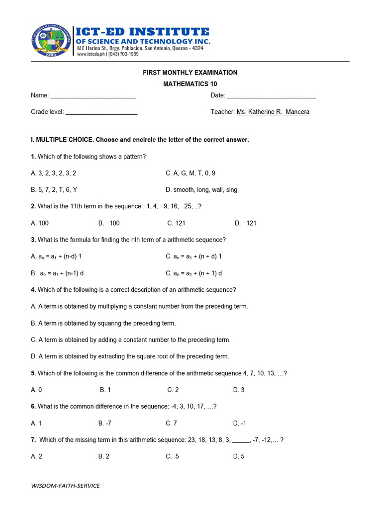 First Monthly Exam Grade 10 | PDF | Arithmetic | Number Theory