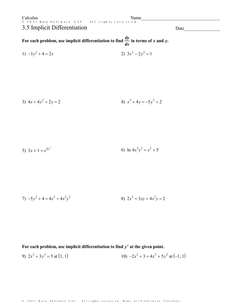 3.5 Implicit Differentiation Practice Worksheet | PDF | Differential ...