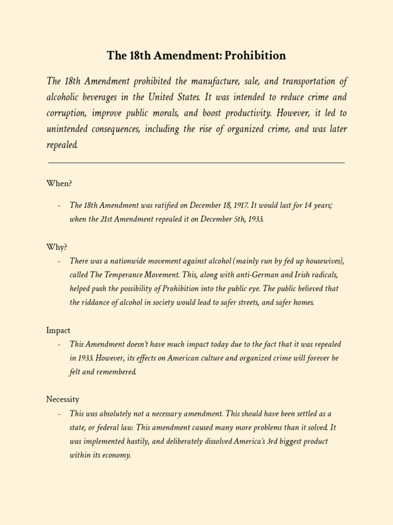 The 18th Amendment: Prohibition Overview | PDF