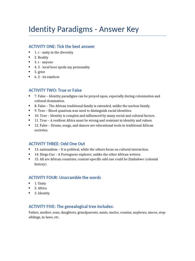 Identity Paradigms Answer Key | PDF
