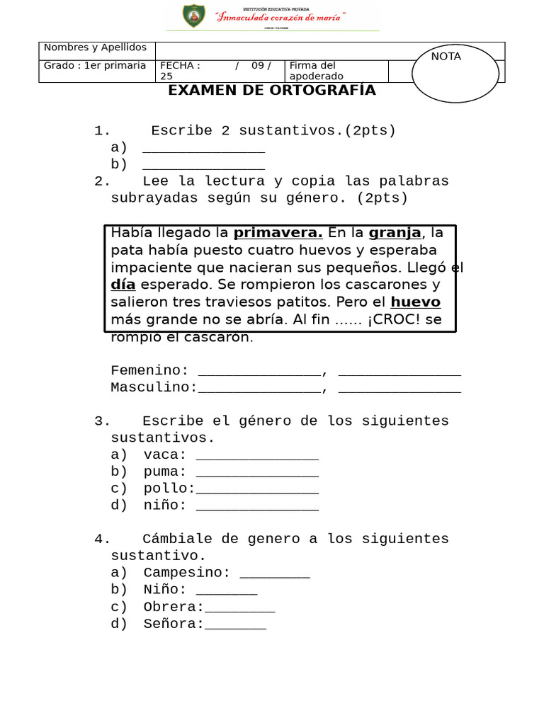 Examen de Ortografía para 1er Grado | PDF | Lingüística | Morfología ...