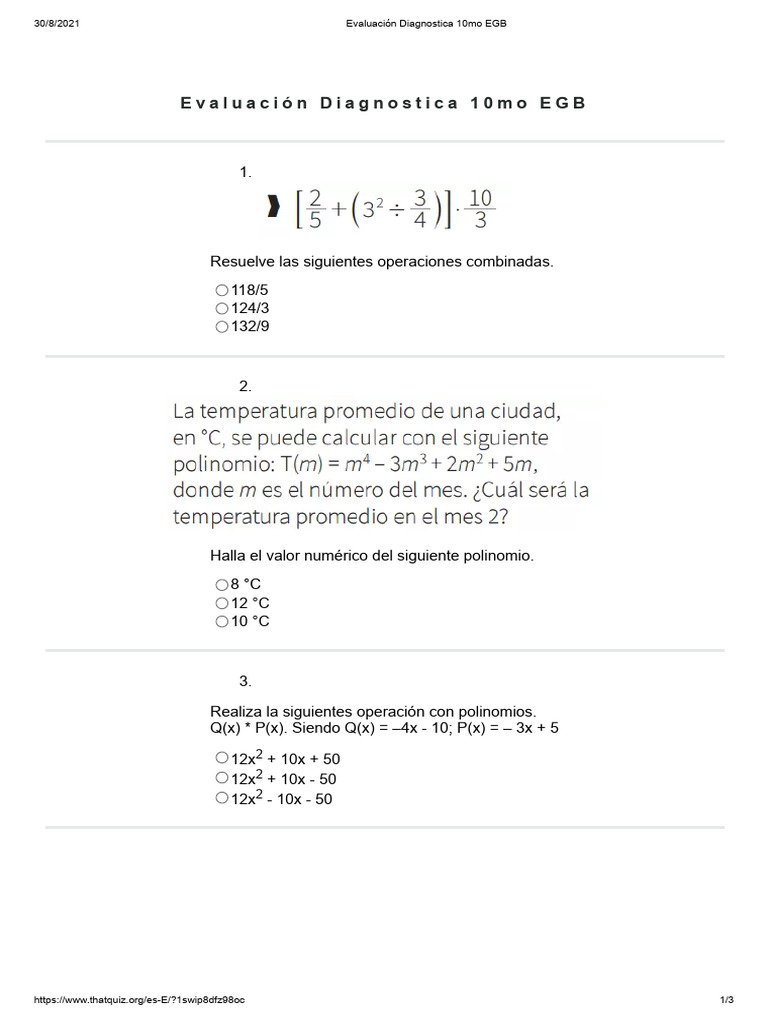 Evaluación Diagnostica 10mo EGB | PDF | Álgebra | Matemáticas