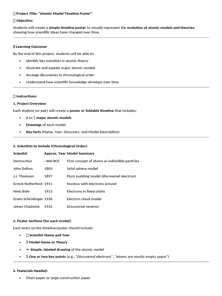 Atomic Model Timeline Project Guide | PDF | Atoms | Electron