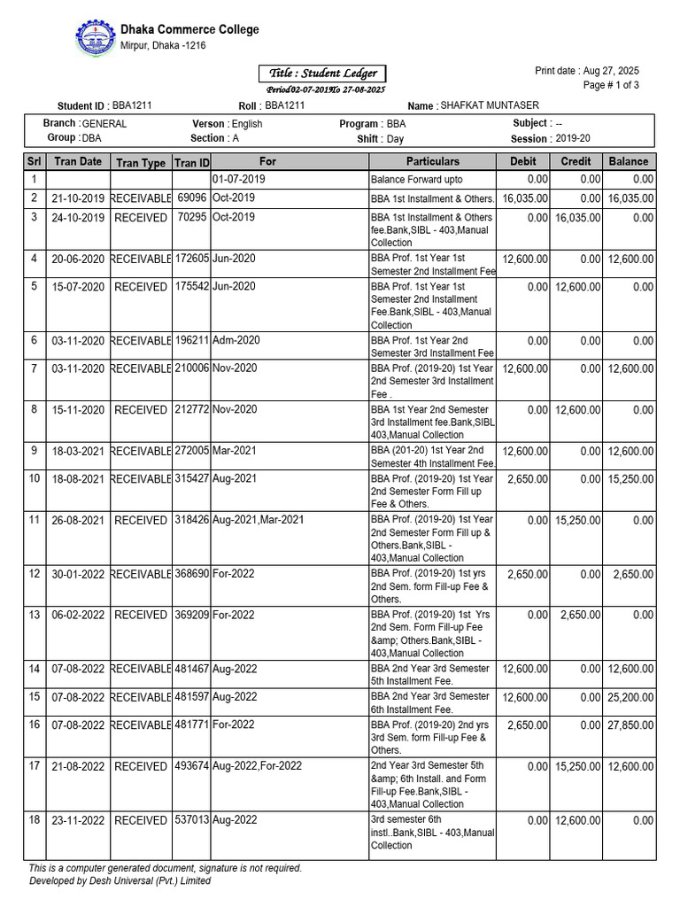 Dhaka Commerce College Student Ledger | PDF | Financial Services ...