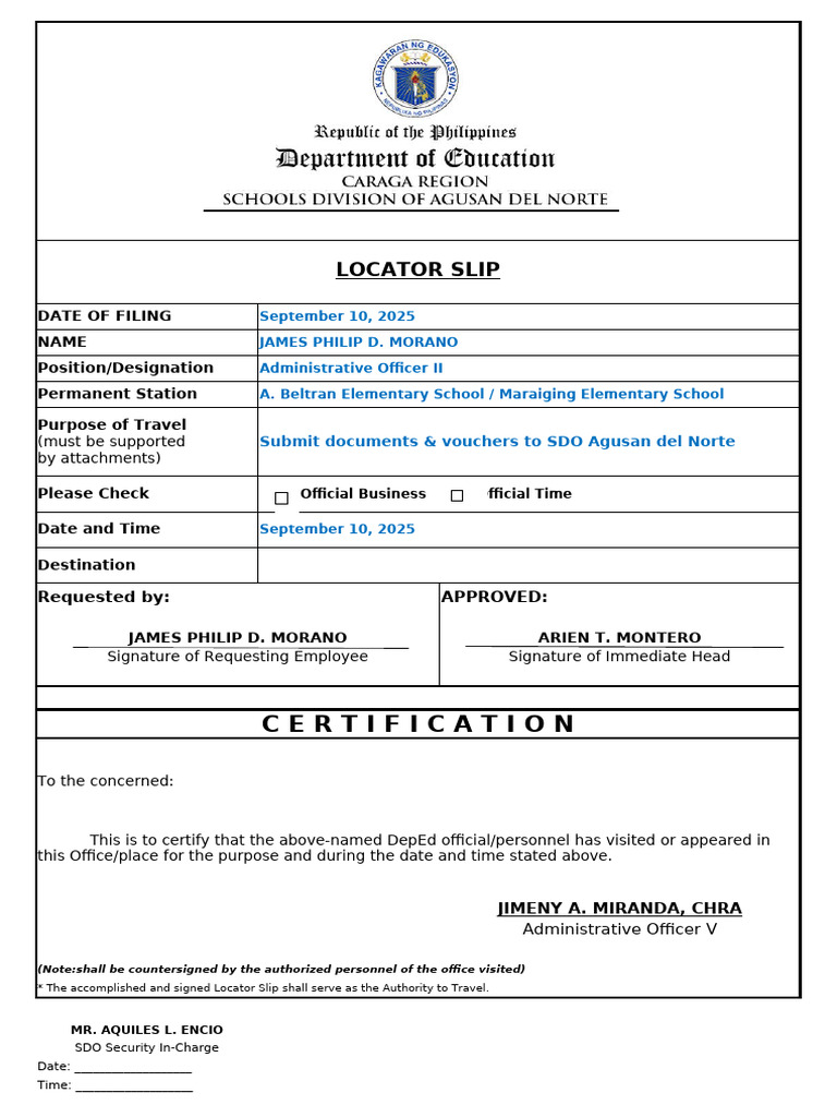 Locator Slip for Official Travel Approval | PDF