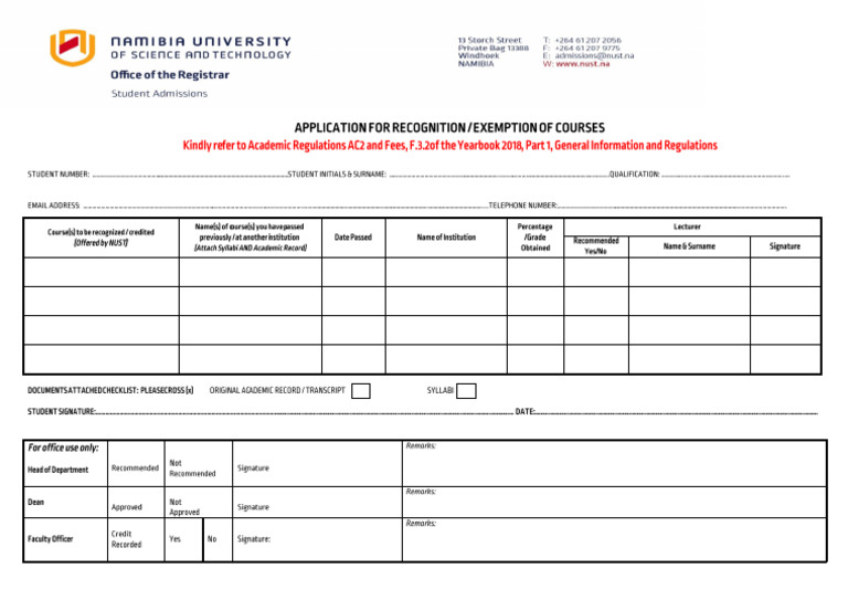 Application For Course Recognition Exemption Form | PDF