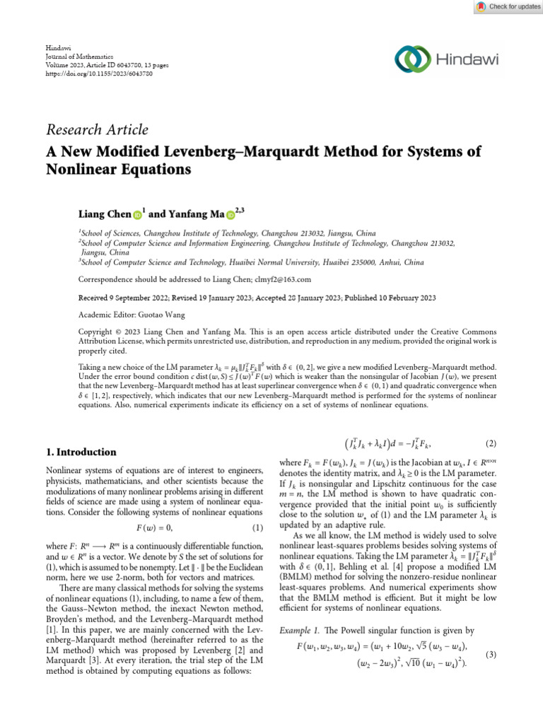 Journal of Mathematics - 2023 - Chen - A New Modified Levenberg ...
