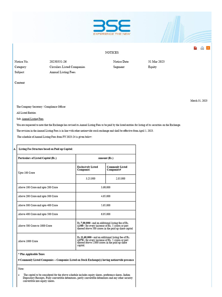 Revised BSE Annual Listing Fees 2023 | PDF | Financial Economics ...