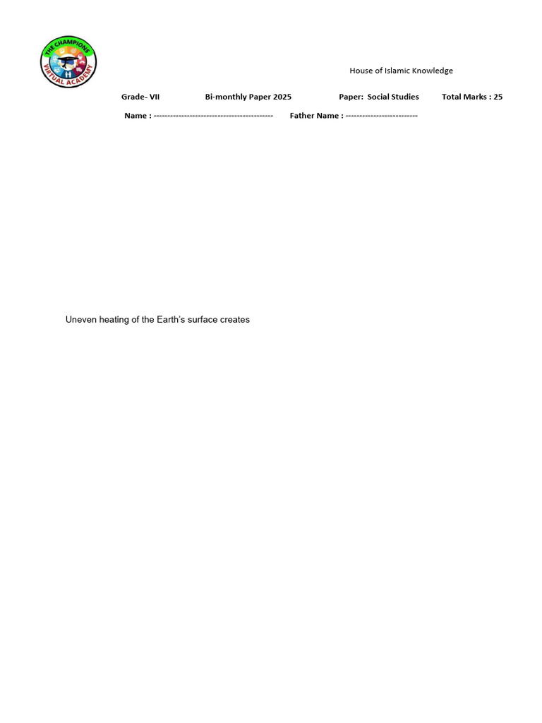 Grade 7 S.st Bi-monthly Paper September 2025 | PDF