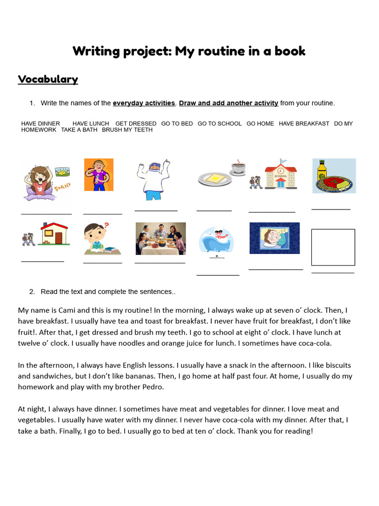 Writing Project: My Routine | PDF | Lunch | Foods
