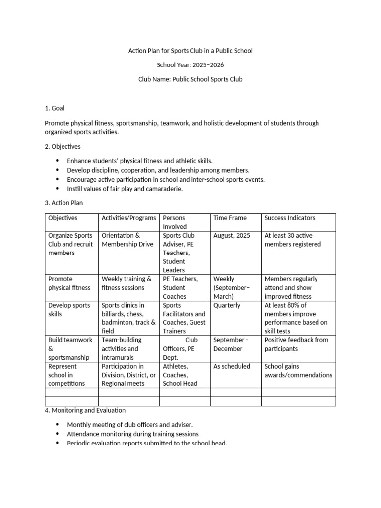 Action Plan For Sports Club in A Public School | PDF | Sports