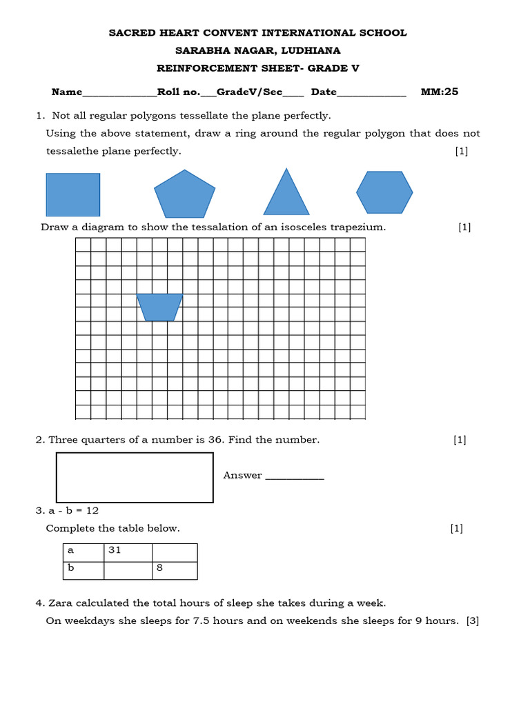 Maths Reinforcement Worksheet Grade 5 25 Marks | PDF | Area | Rectangle