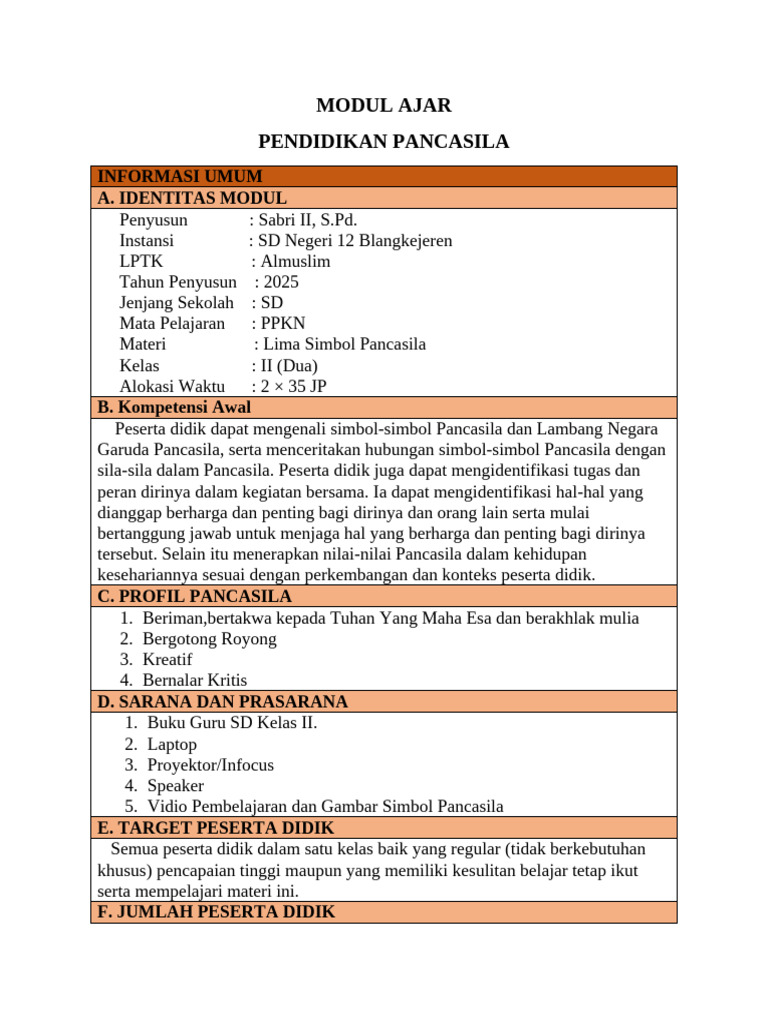 Modul Ajar Simbol Pancasila SD Kelas II | PDF