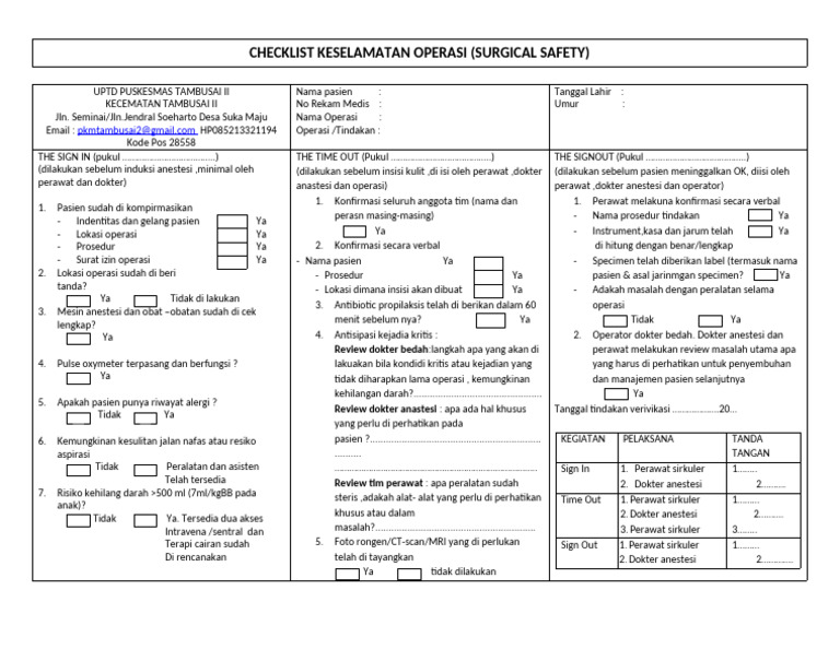 Checklist Keselamatan Operasi Puskesmas | PDF