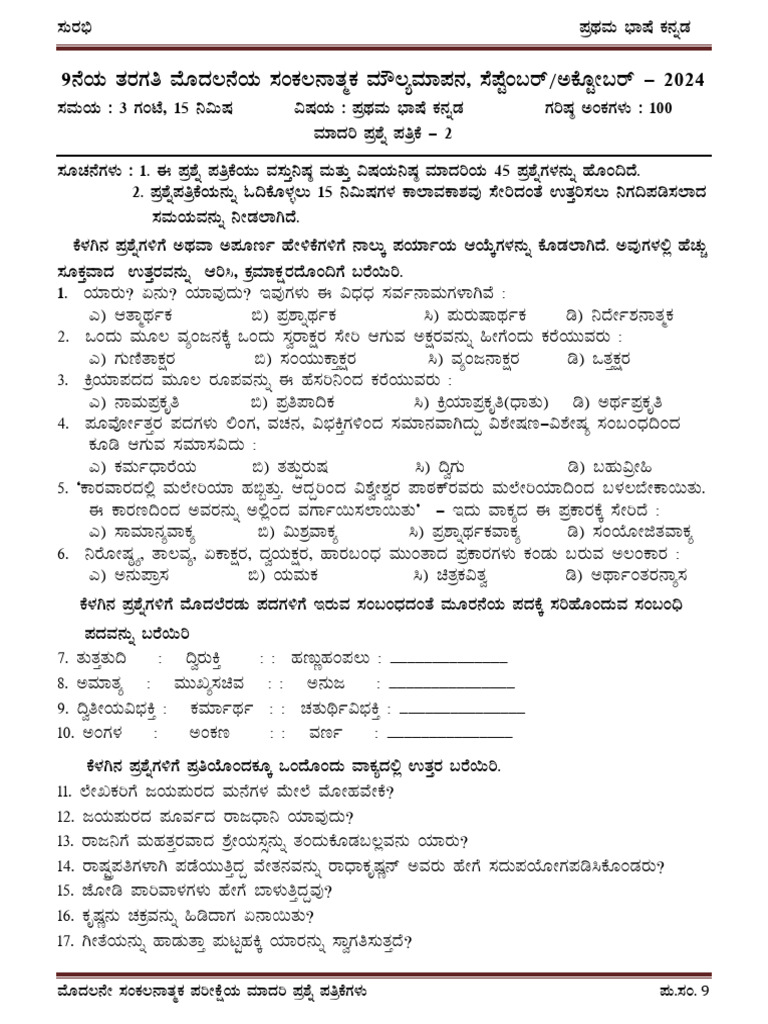 9th STD FL Kannada Sa1 Model Question Paper-2 2024-25 by Surabi | PDF