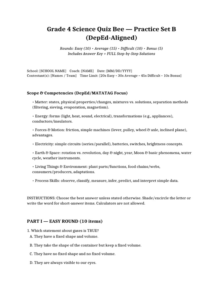 Grade 4 Science Quiz Bee Practice Set B | PDF | Water | Rain