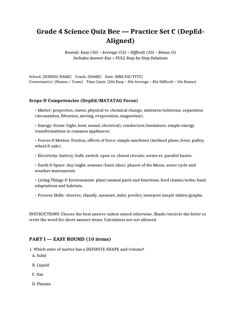 Grade4 Science QuizBee Practice Set C | PDF | Water | Evaporation