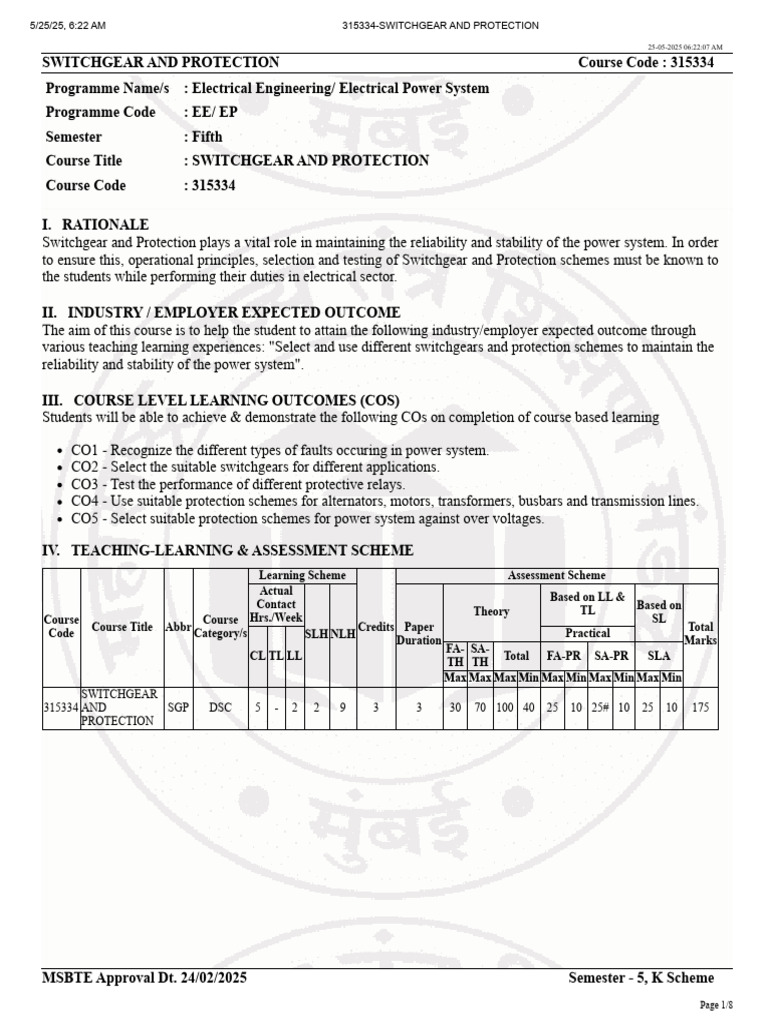 Switchgear and Protection Syllabus 315334 | PDF | Fuse (Electrical) | Relay
