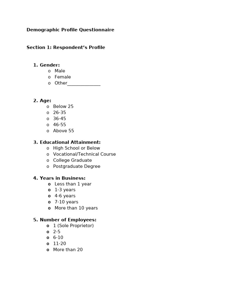 Demographic Profile Questionnaire Template | PDF | Expense | Profit ...