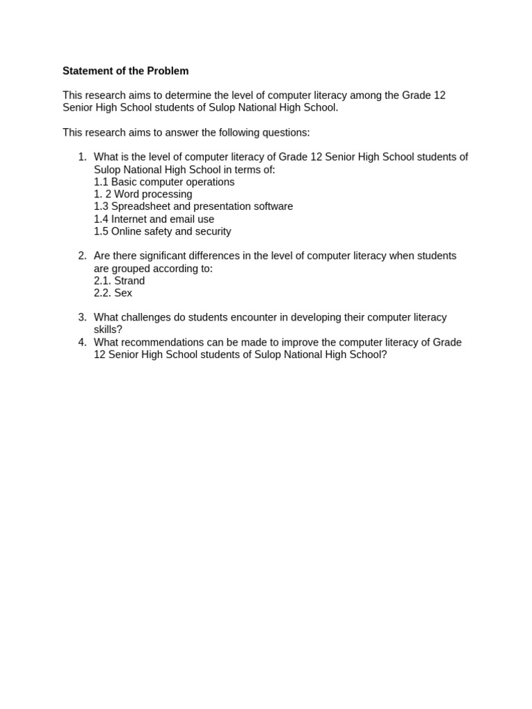 Computer Literacy Assessment in Grade 12 Students | PDF