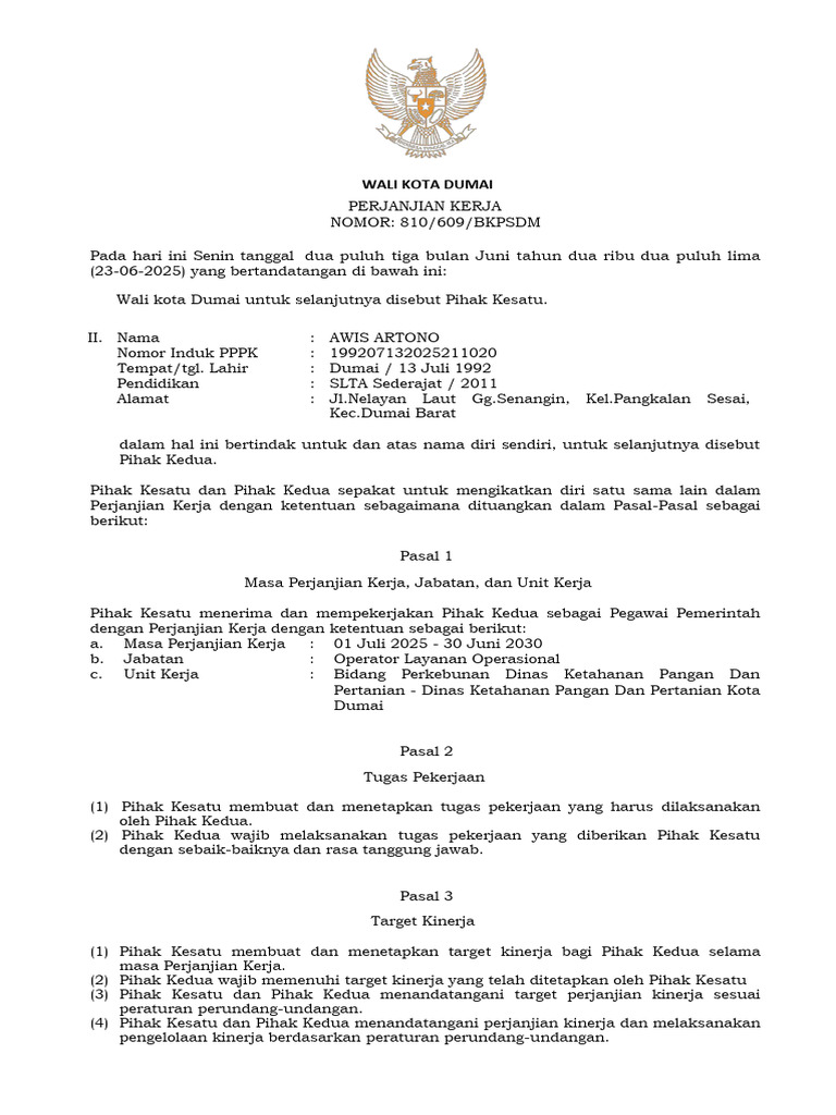 Surat Perjanjian Kerja - Awis Artono | PDF