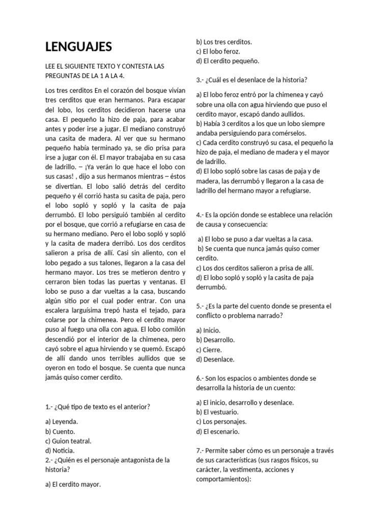 Cuentos y Preguntas de Comprensión | PDF