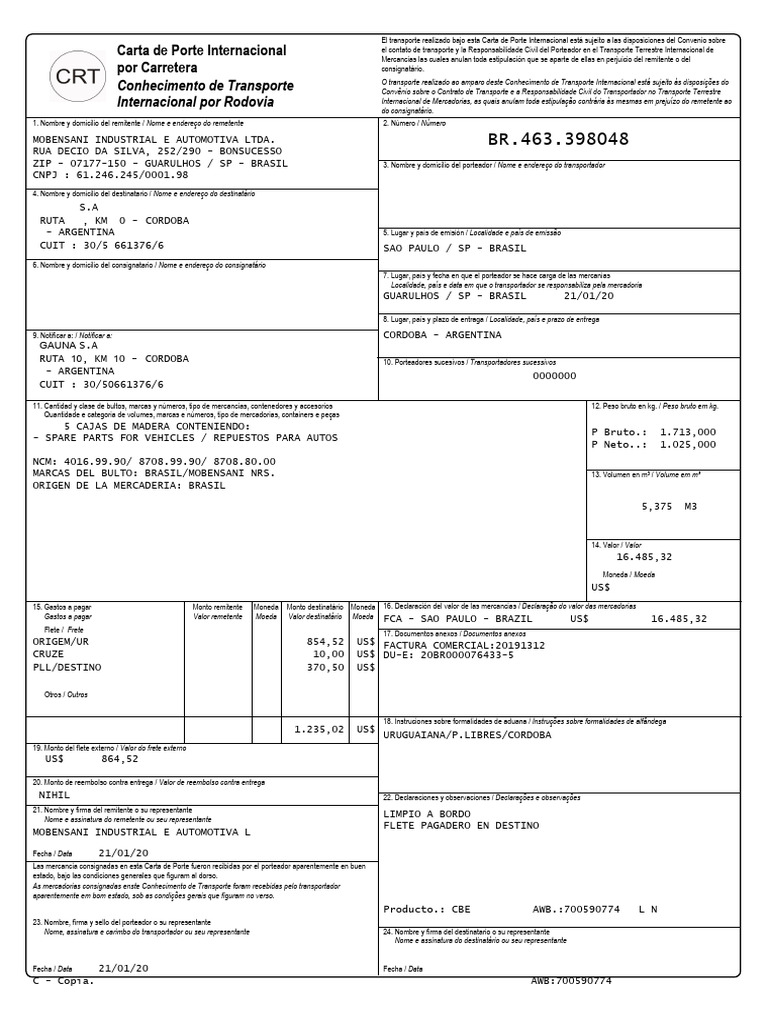 Carta de Porte Internacional de Carga | PDF | Transporte