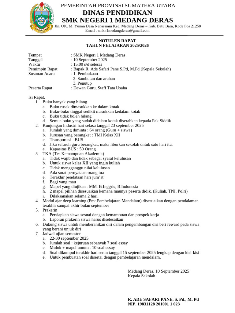 Notulen Rapat TGL 10 September 2025 | PDF