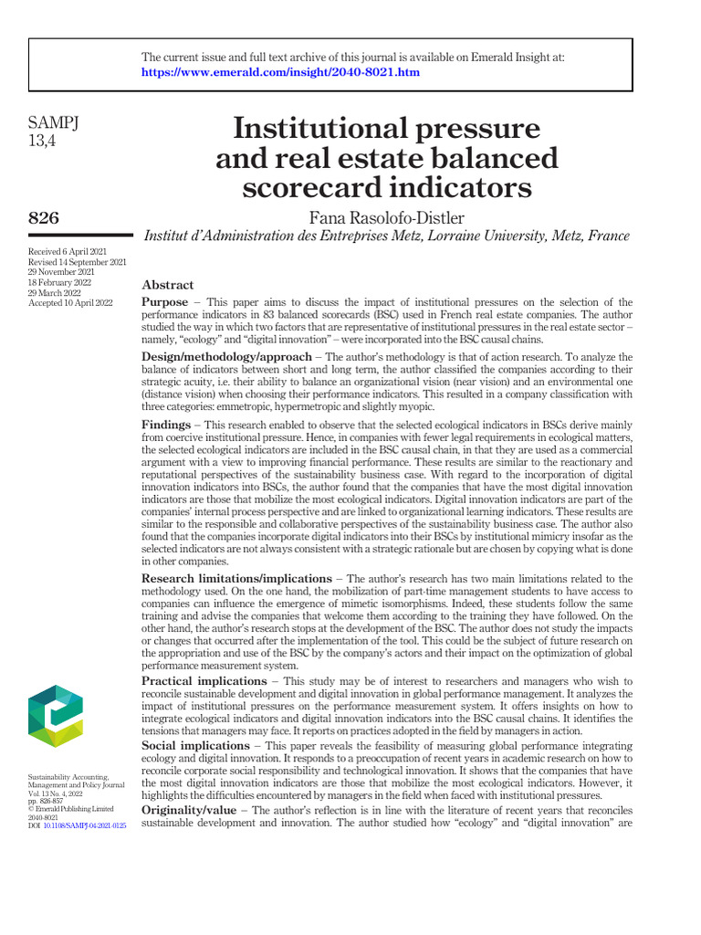 Institutional Pressures in Real Estate BSCs | PDF | Action Research ...