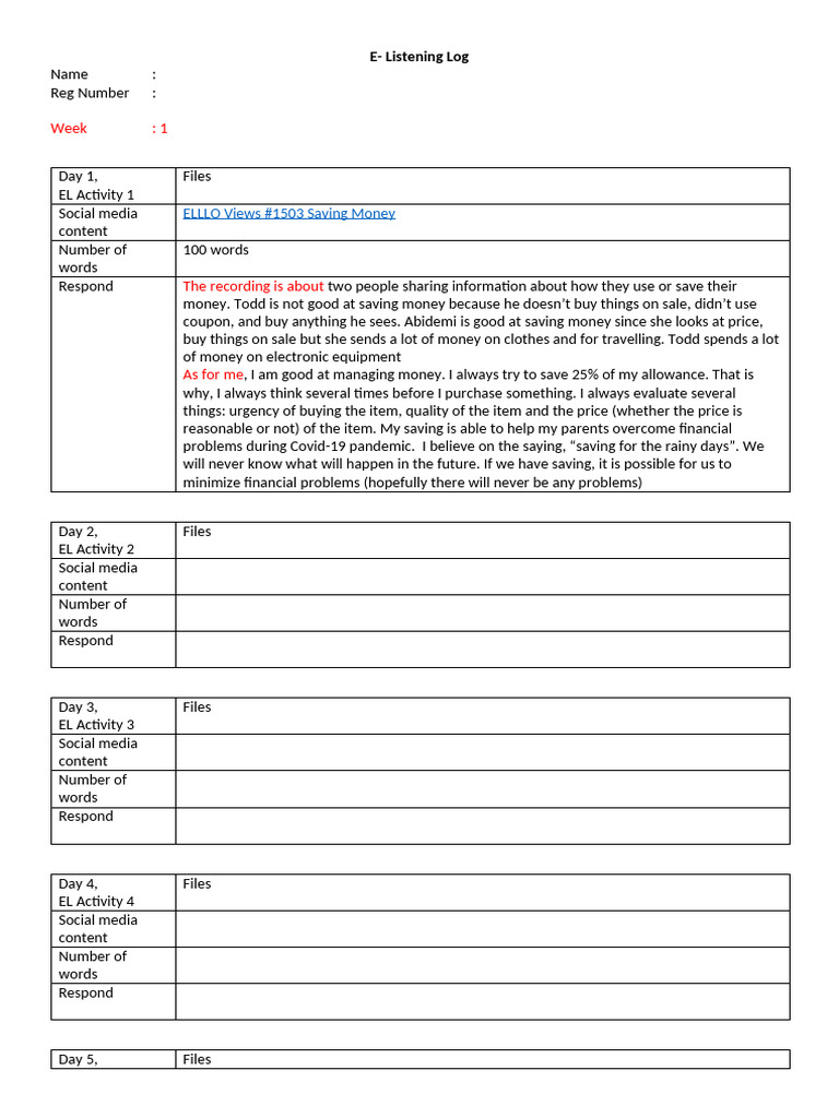 Listening Log Experiment | PDF | Money