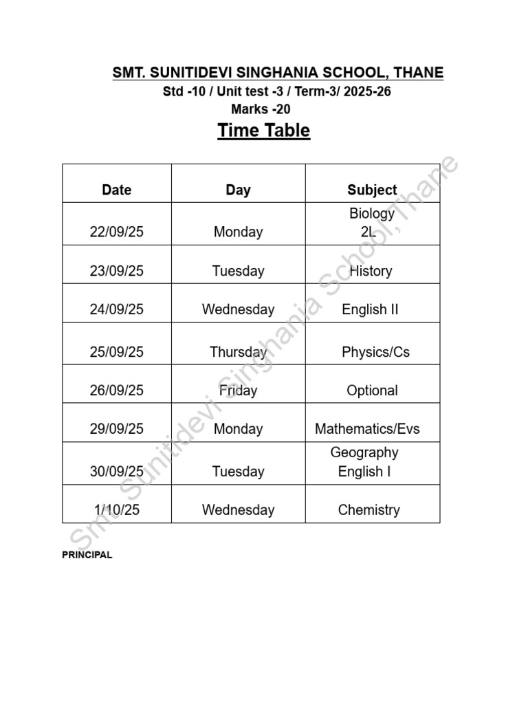 STD 10 Unit Test 3 Time Table 2025 26 | PDF