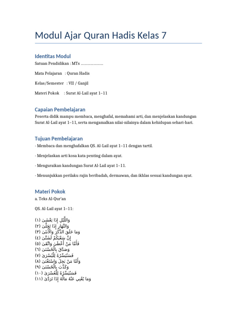 Modul Ajar Quran Hadis Kelas 7 Al Lail 1-11 | PDF