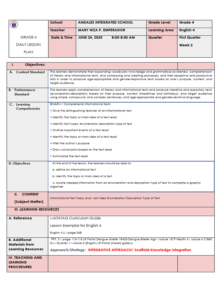 Grade 4 English Lesson Plan on Informational Texts | PDF | Mosquito ...