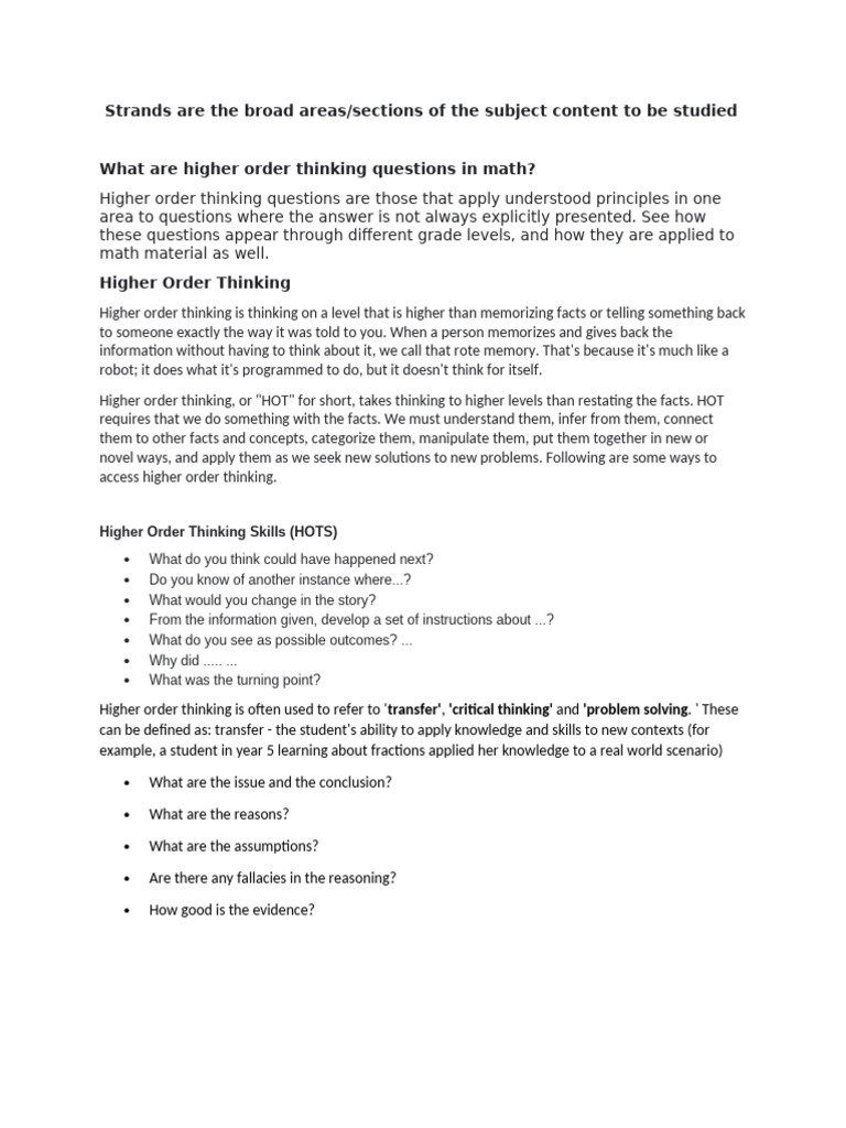 Higher Order Thinking in Math Education | PDF | Thought | Critical Thinking