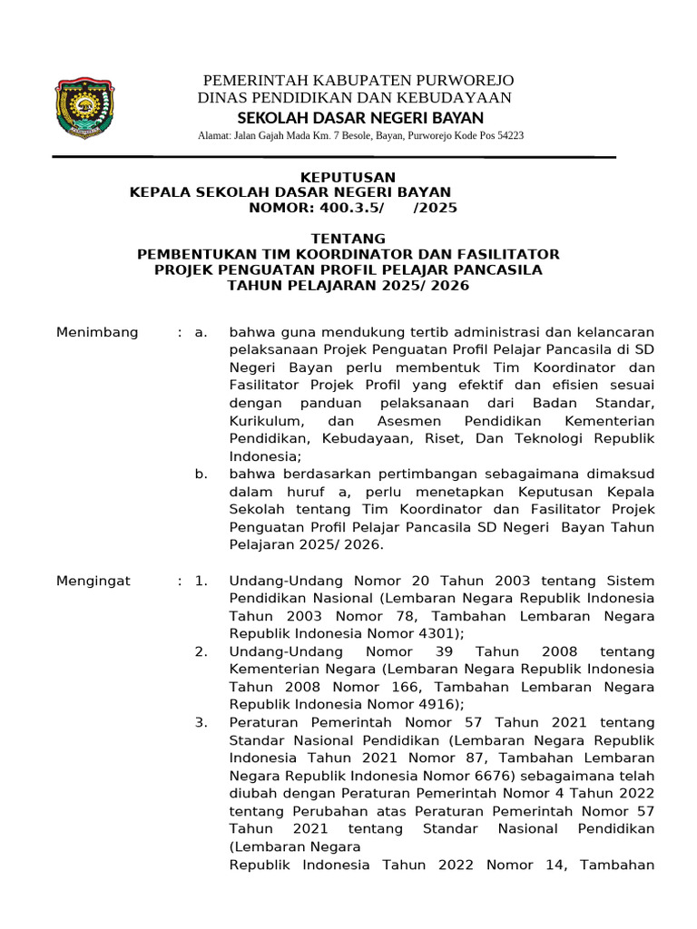 SK Koordinator Dan Fasilitator Profil Projek P5 | PDF