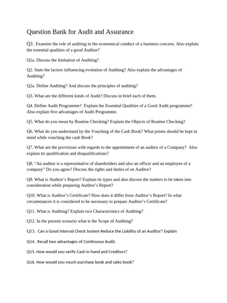 Question Bank For Audit and Assurance | PDF