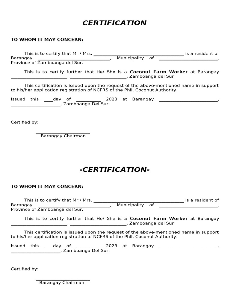 Coconut Farm Worker Certification | PDF