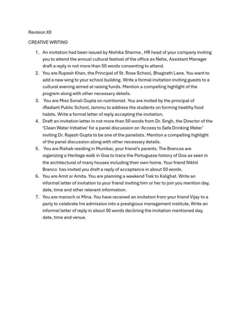 Creative Writing Revision XII | PDF