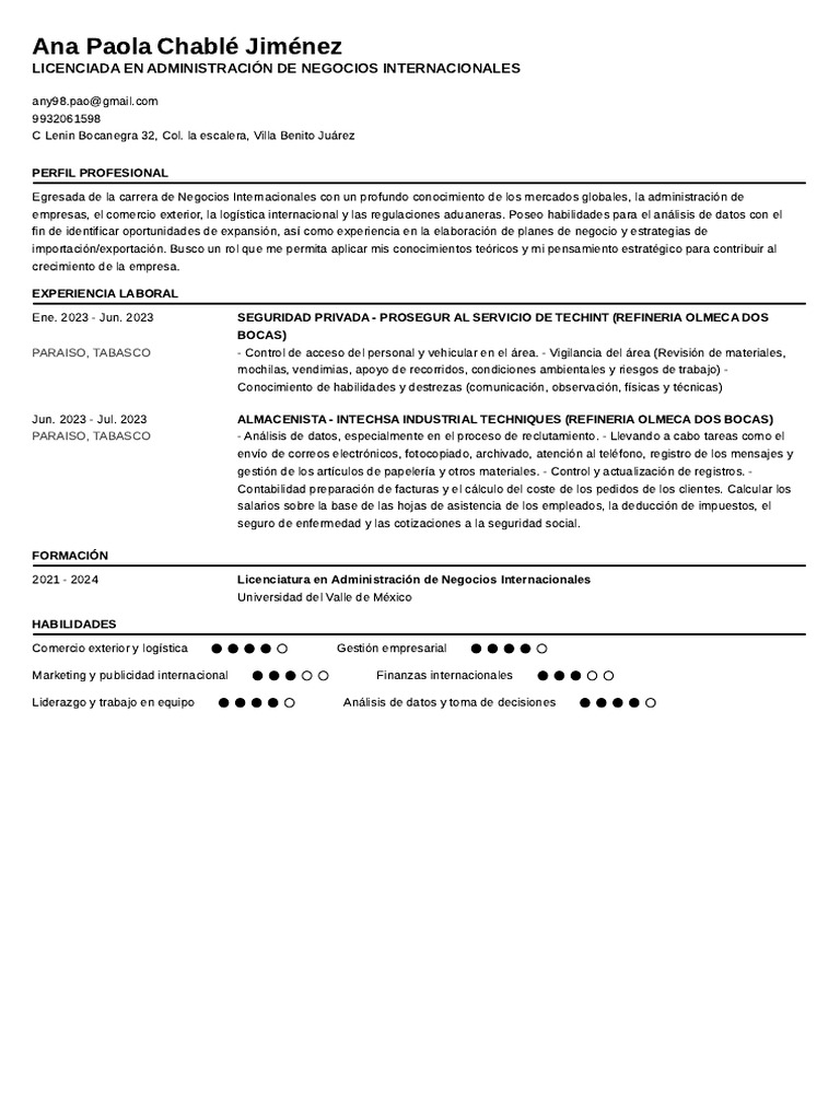 CV Ana Paola Chablé Jiménez | PDF | Logística | Negocios Internacionales