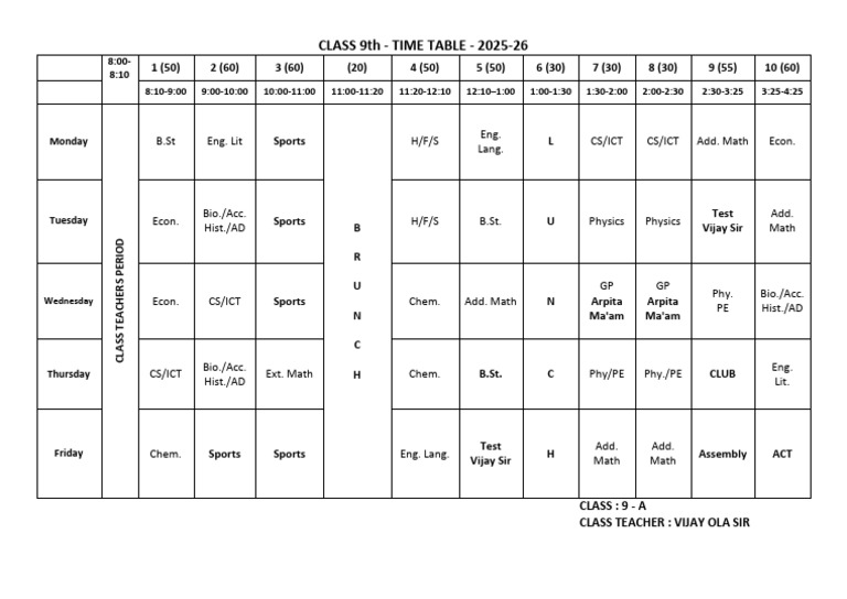 Grade 9 Timetable 2025-26 | PDF